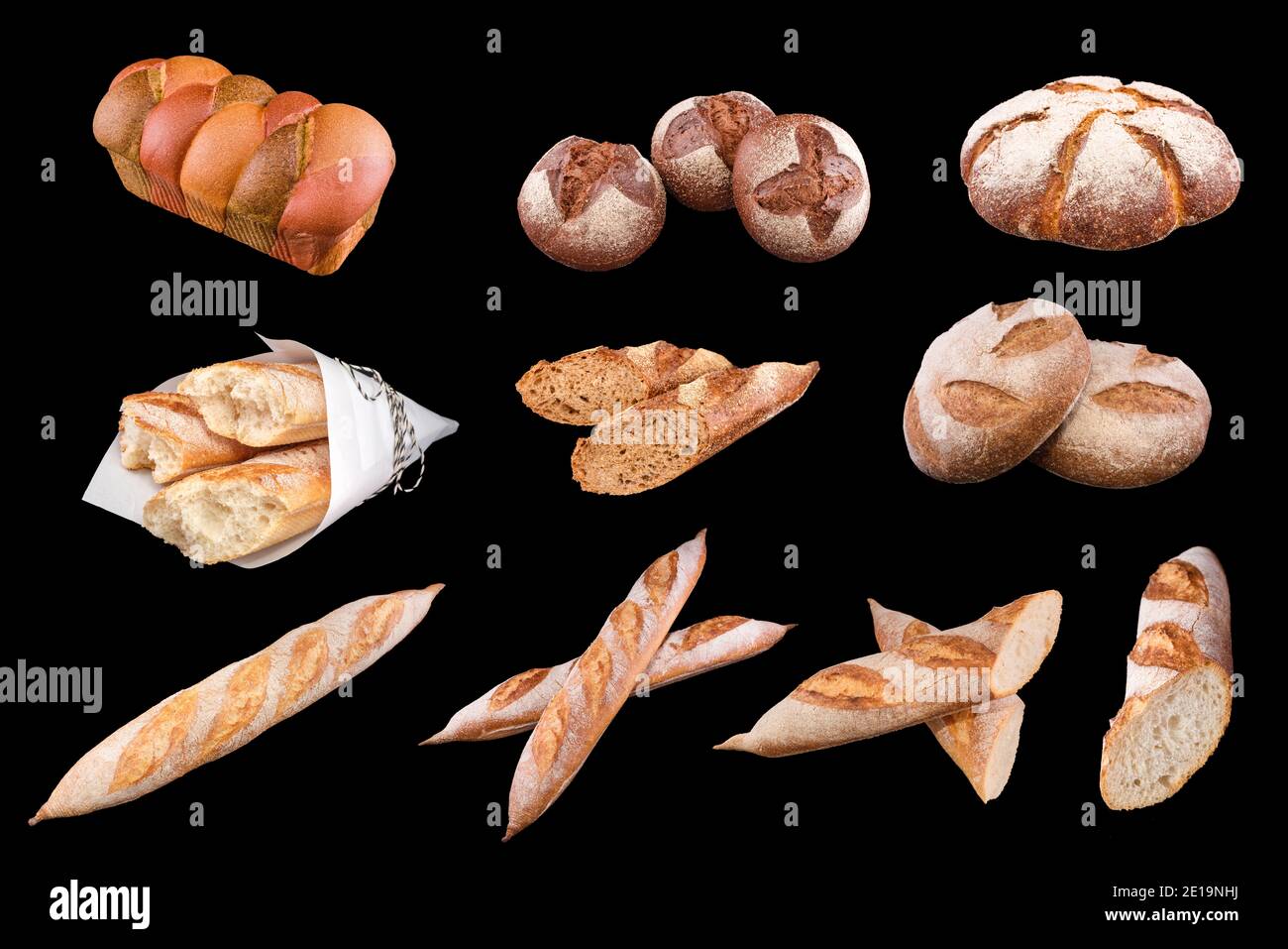 Assortiment de différents types de pain, pain, baguettes, fait de blé ...