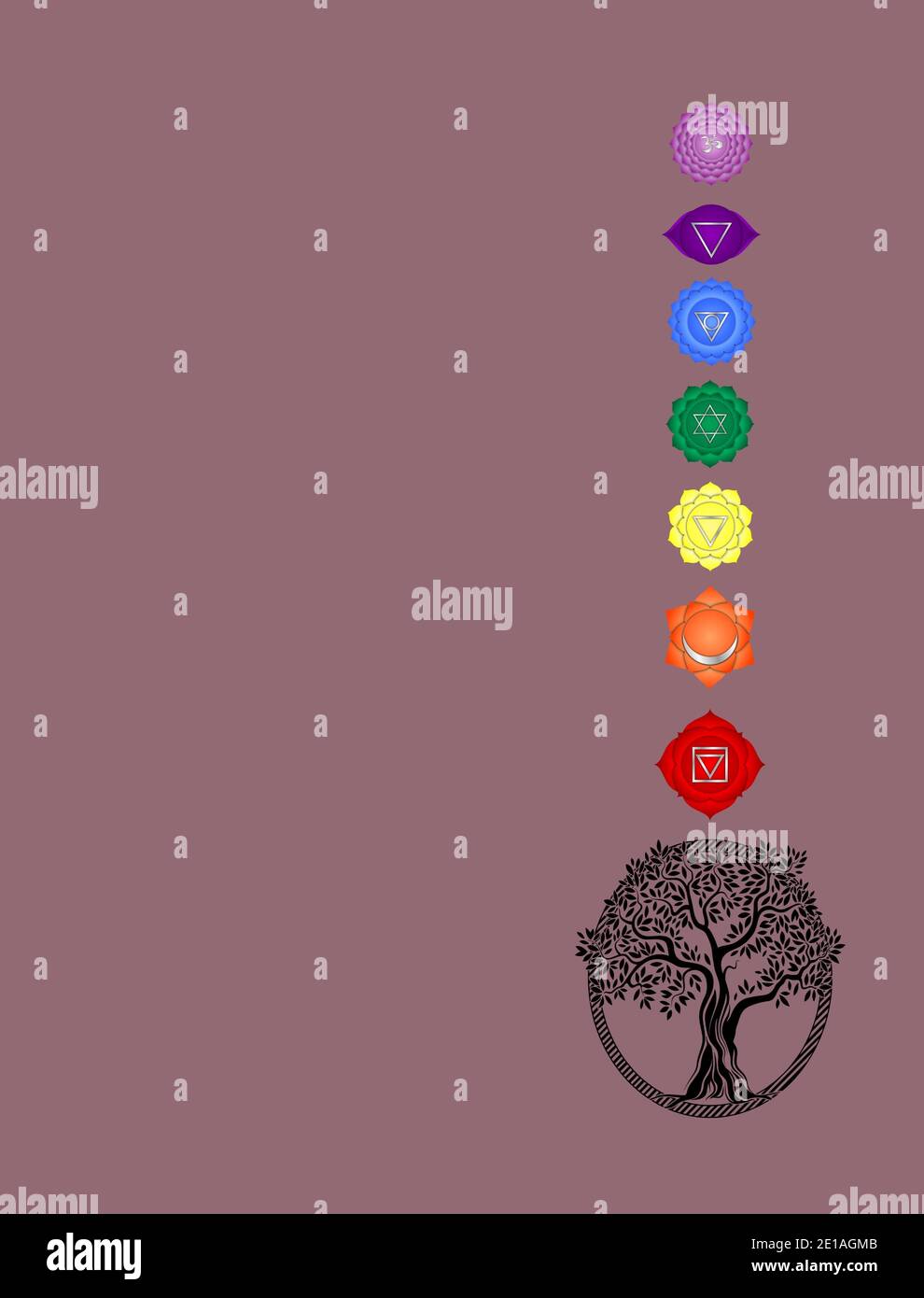 Arrière-plan spirituel avec chakras, silhouette de femme, arbre de vie ...