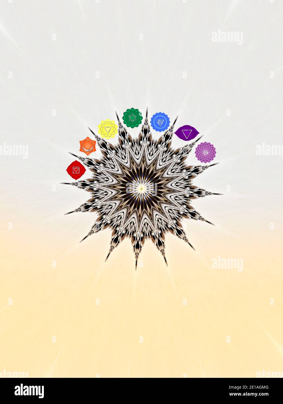 Arrière-plan spirituel avec chakras, silhouette de femme, arbre de vie ...