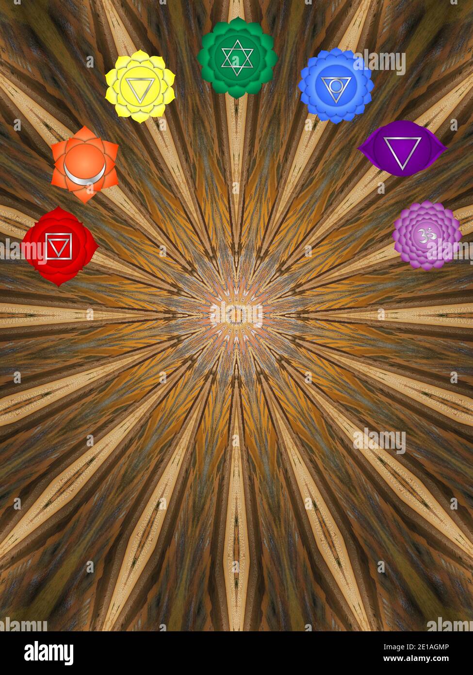 Arrière-plan spirituel avec chakras, silhouette de femme, arbre de vie ...