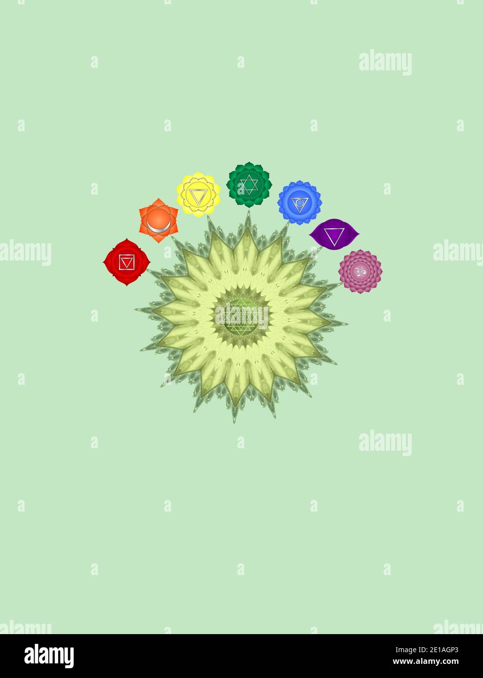 Arrière-plan spirituel avec chakras, silhouette de femme, arbre de vie ...