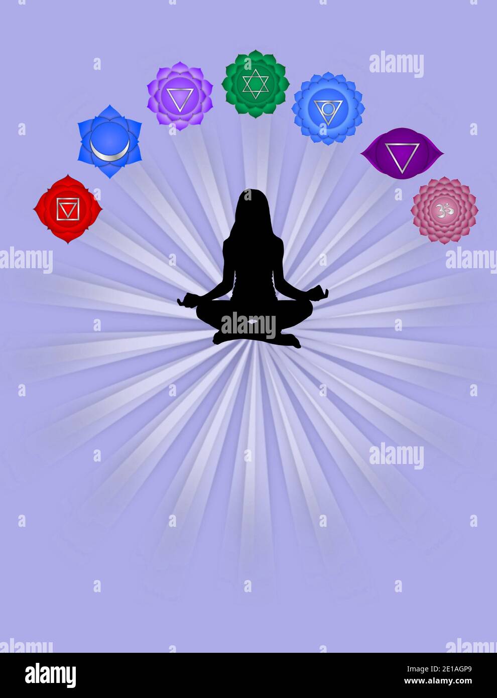 Arrière-plan spirituel avec chakras, silhouette de femme, arbre de vie ...