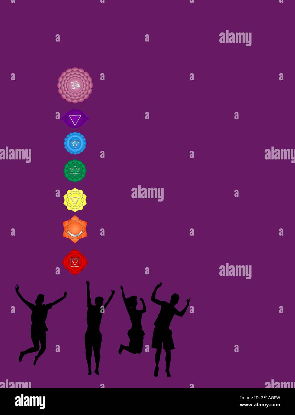 Arrière-plan spirituel avec chakras, silhouette de femme, arbre de vie ...