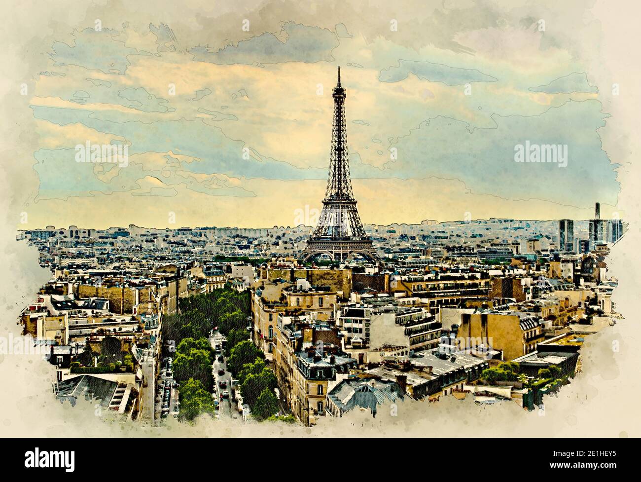 Vue aérienne de la ville de Paris avec la Tour Eiffel. Illustration de style aquarelle Photo ...