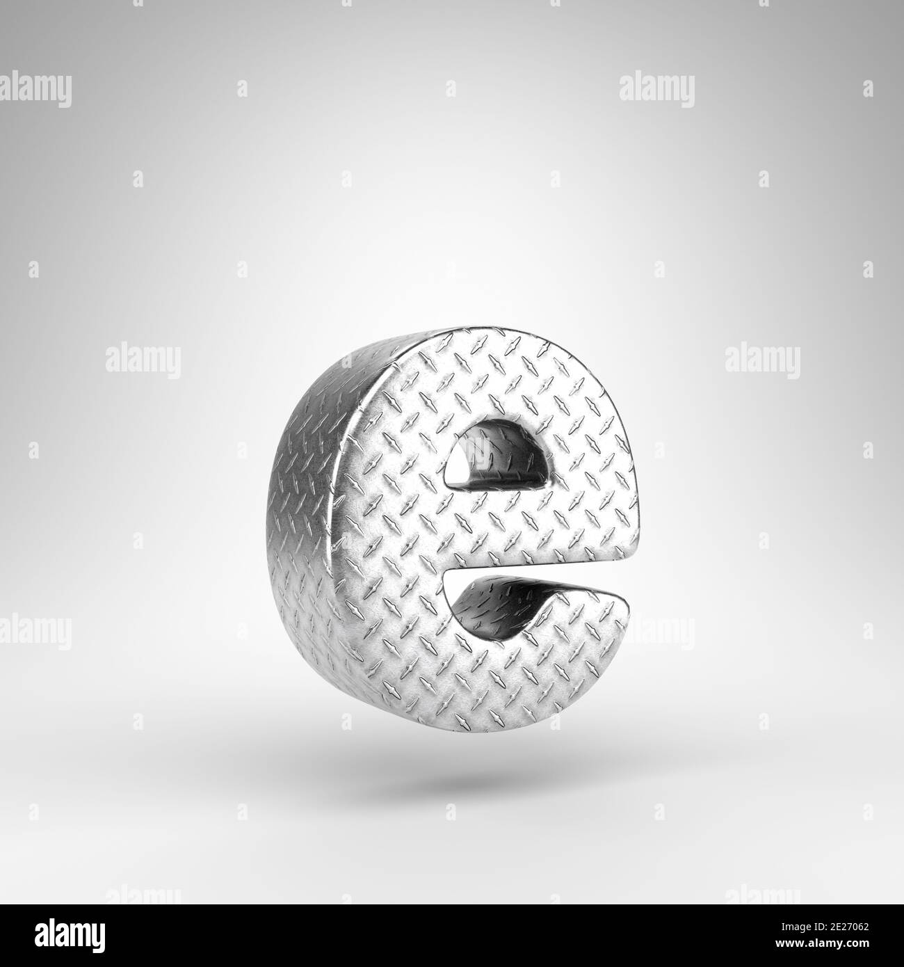 Lettre E minuscule sur fond blanc. Police de rendu 3D en aluminium avec ...