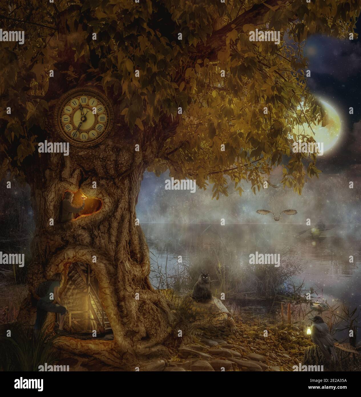 fabuleux arbre au bord du lac (illustration d'une situation fictive ...