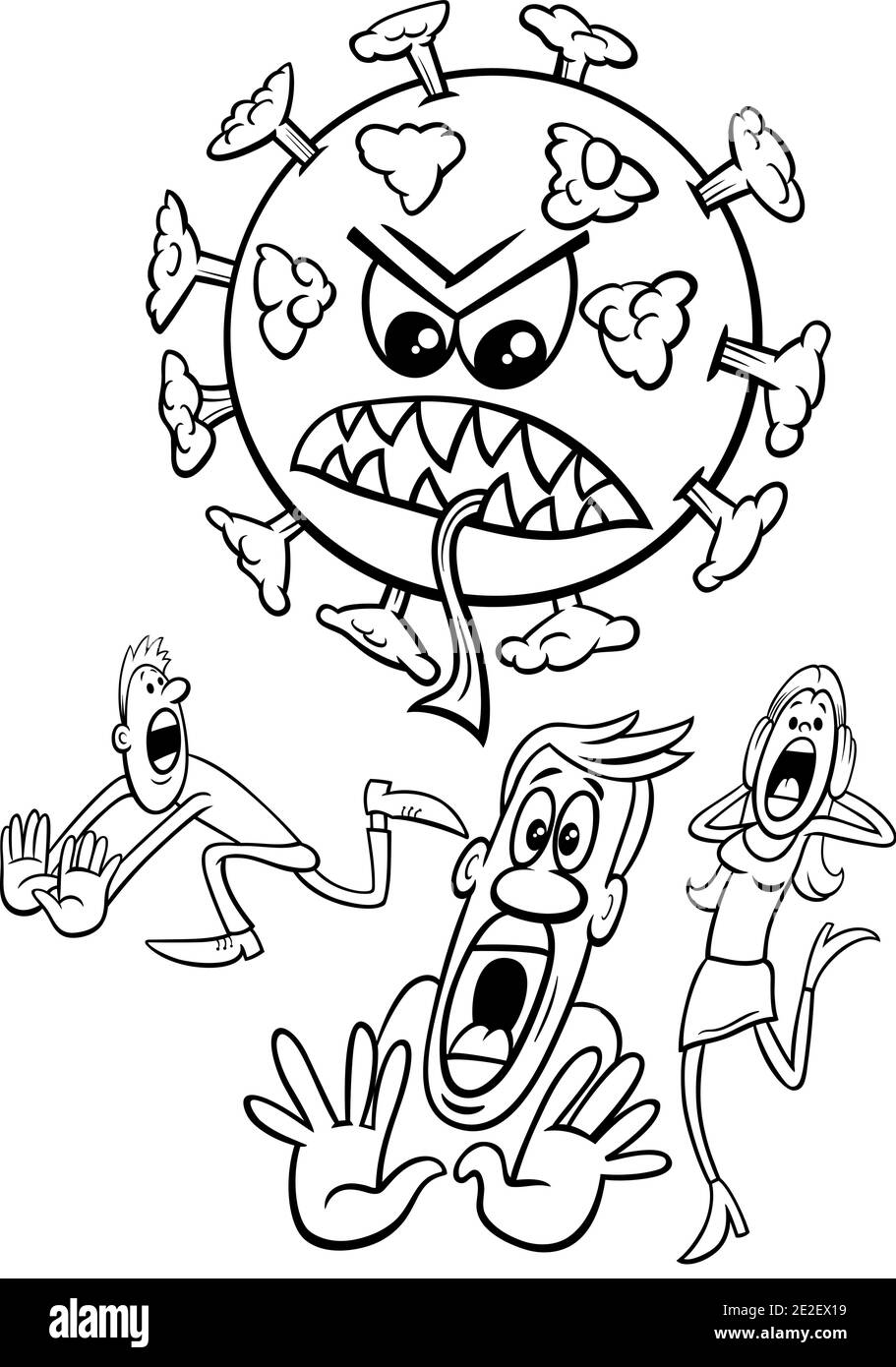 Dessin animé noir et blanc illustrant un coronavirus et des personnes ...