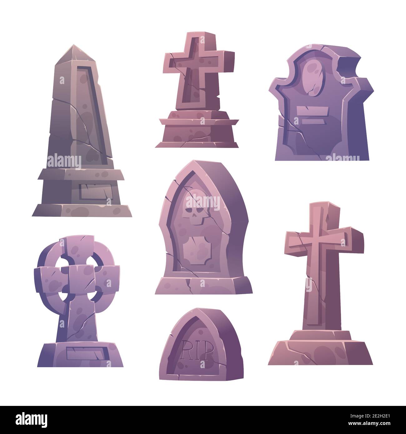 Tombes de cimetière, bâtiments de cimetière, croix de pierre fissurée ...