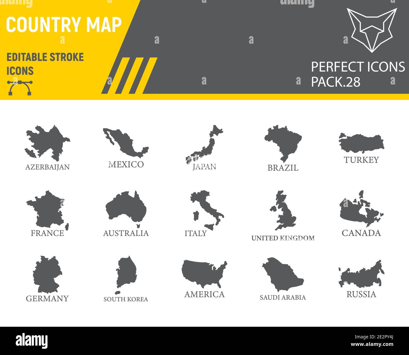 Carte de l'ensemble d'icônes de glyphe de pays, collection de pays ...