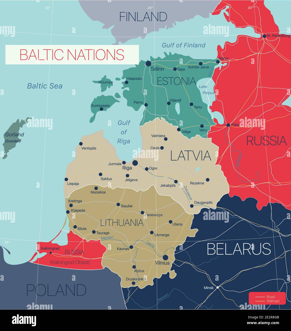 Région des pays baltes carte détaillée modifiable avec villes, routes ...