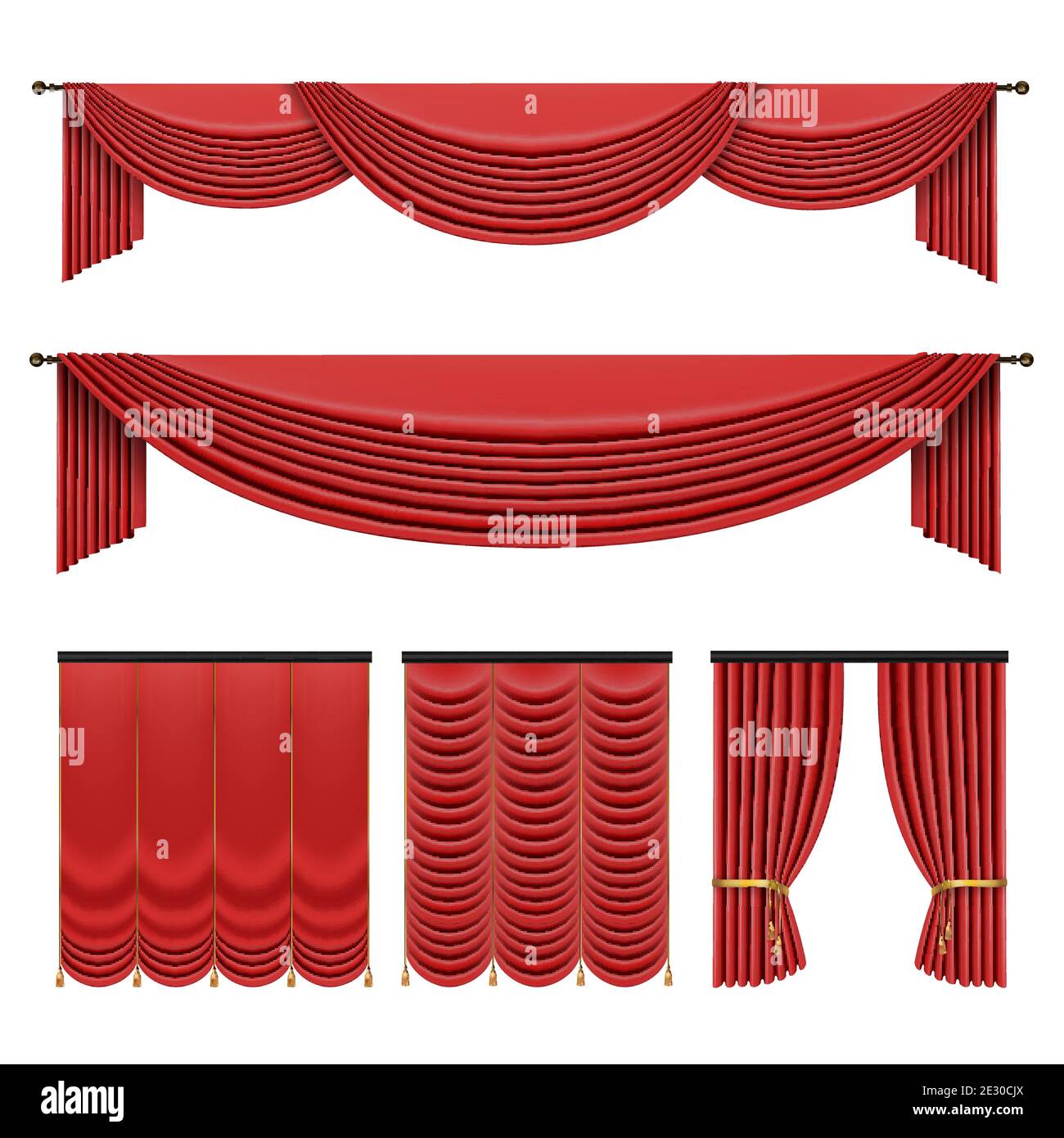 Rideaux rouges de style classique isolés sur fond blanc. Illustration ...