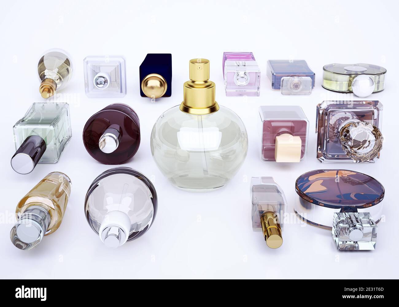 Flacons de parfum réalistes. Bouteille en verre pulvérisé, trousse ...