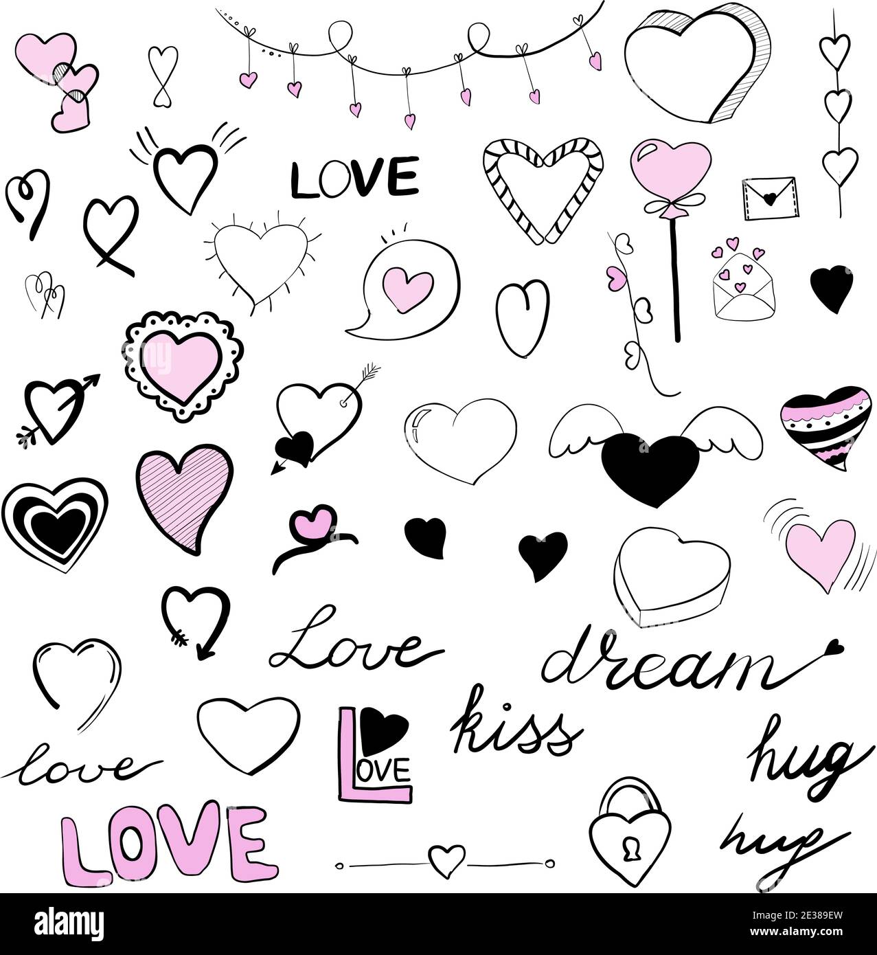 Ensemble vectoriel de coeurs isolés et de mots sur l'amour. Différents ...