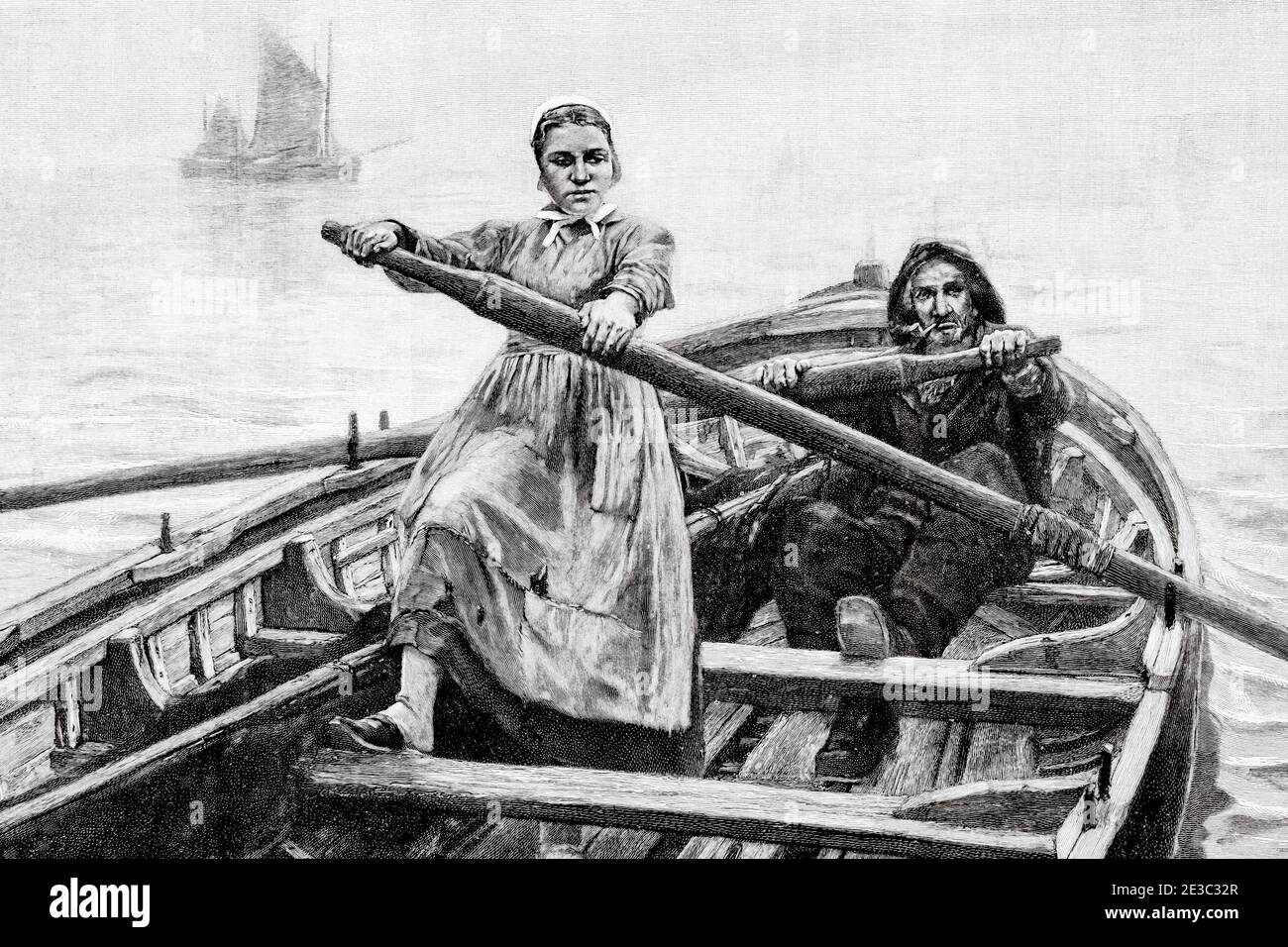 pêcheurs du xixe siècle ramer leur bateau pour aller pêcher ...