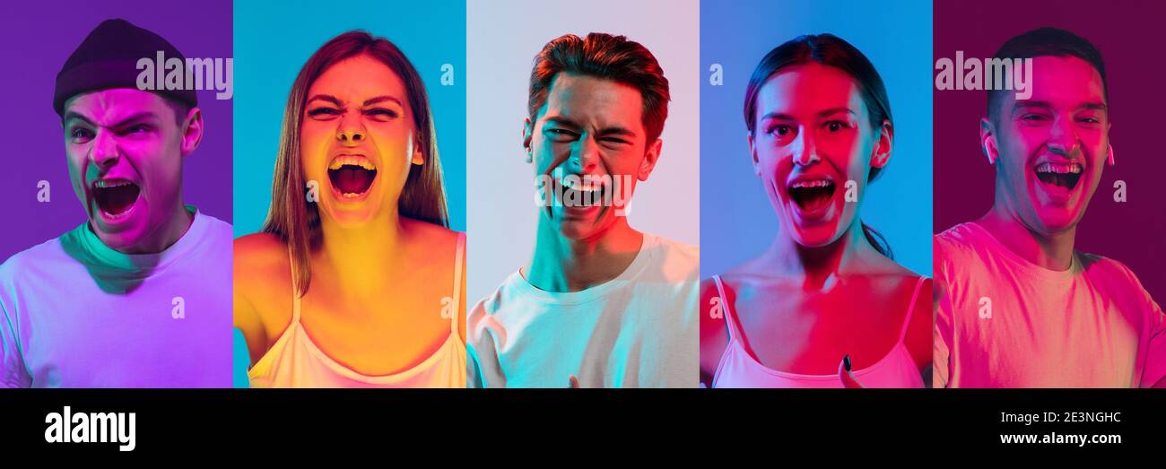 Collage de portraits de jeunes émotifs sur fond multicolore au néon ...