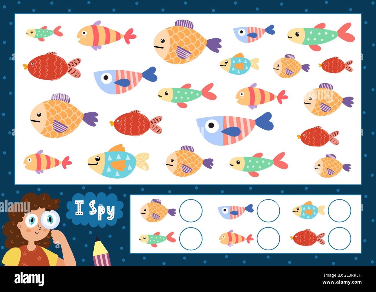 J'espionne le jeu pour les enfants. Trouvez et comptez les poissons ... J'espionne le jeu pour les enfants. Trouvez et comptez les poissons ...