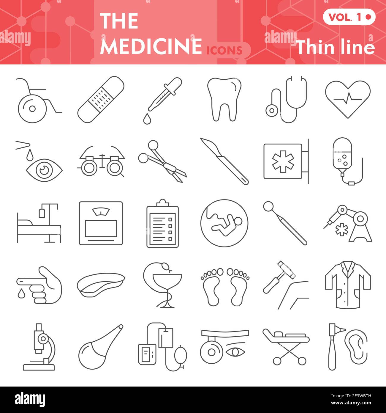 Jeu d'icônes de médecine à lignes fines, collection de symboles de ...
