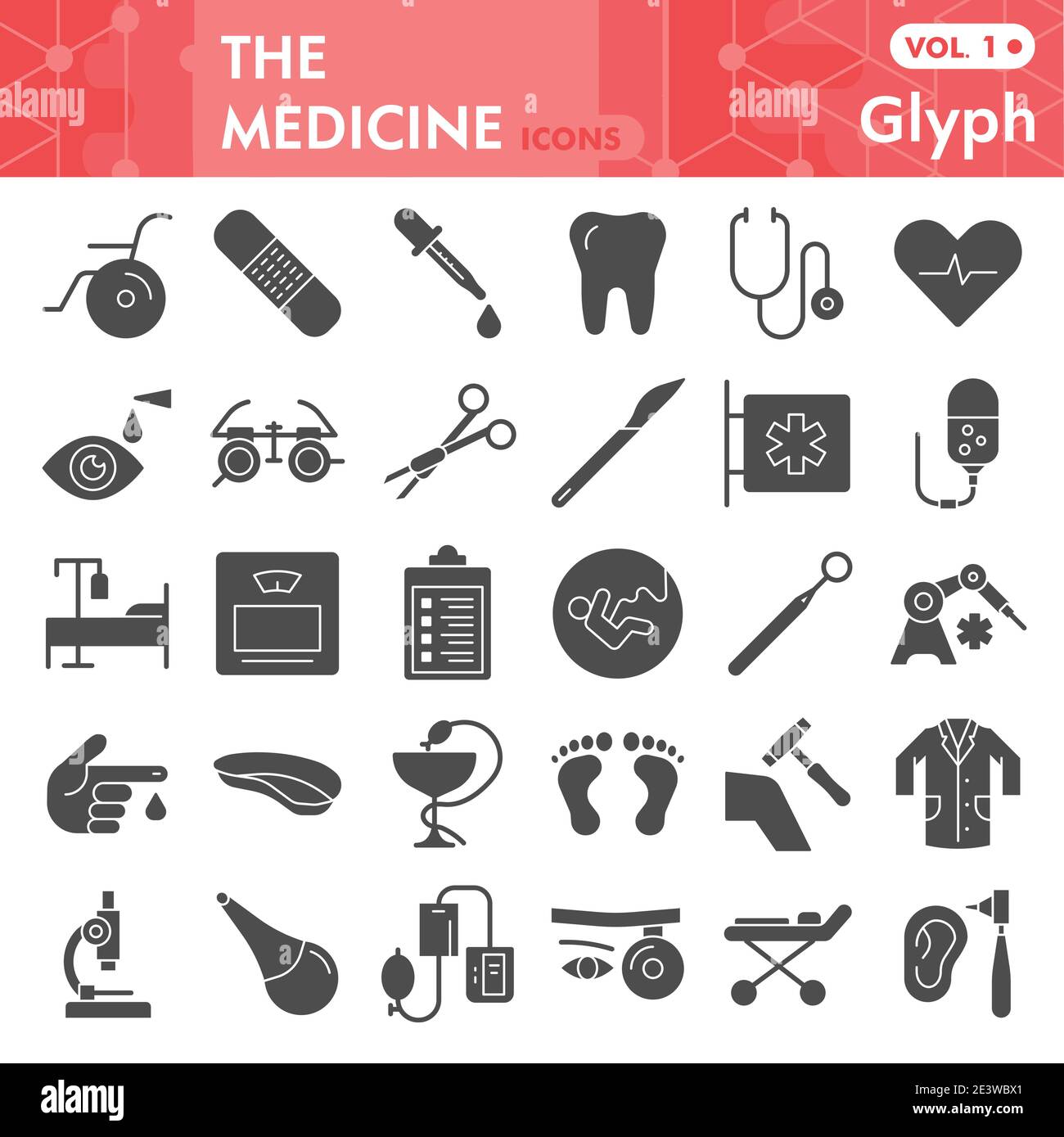 Jeu d'icônes solides de médecine, collection de symboles de soins de ...