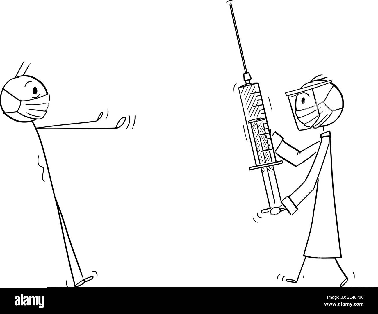 Patient en panique et médecin avec un gros vaccin ou une injection ...