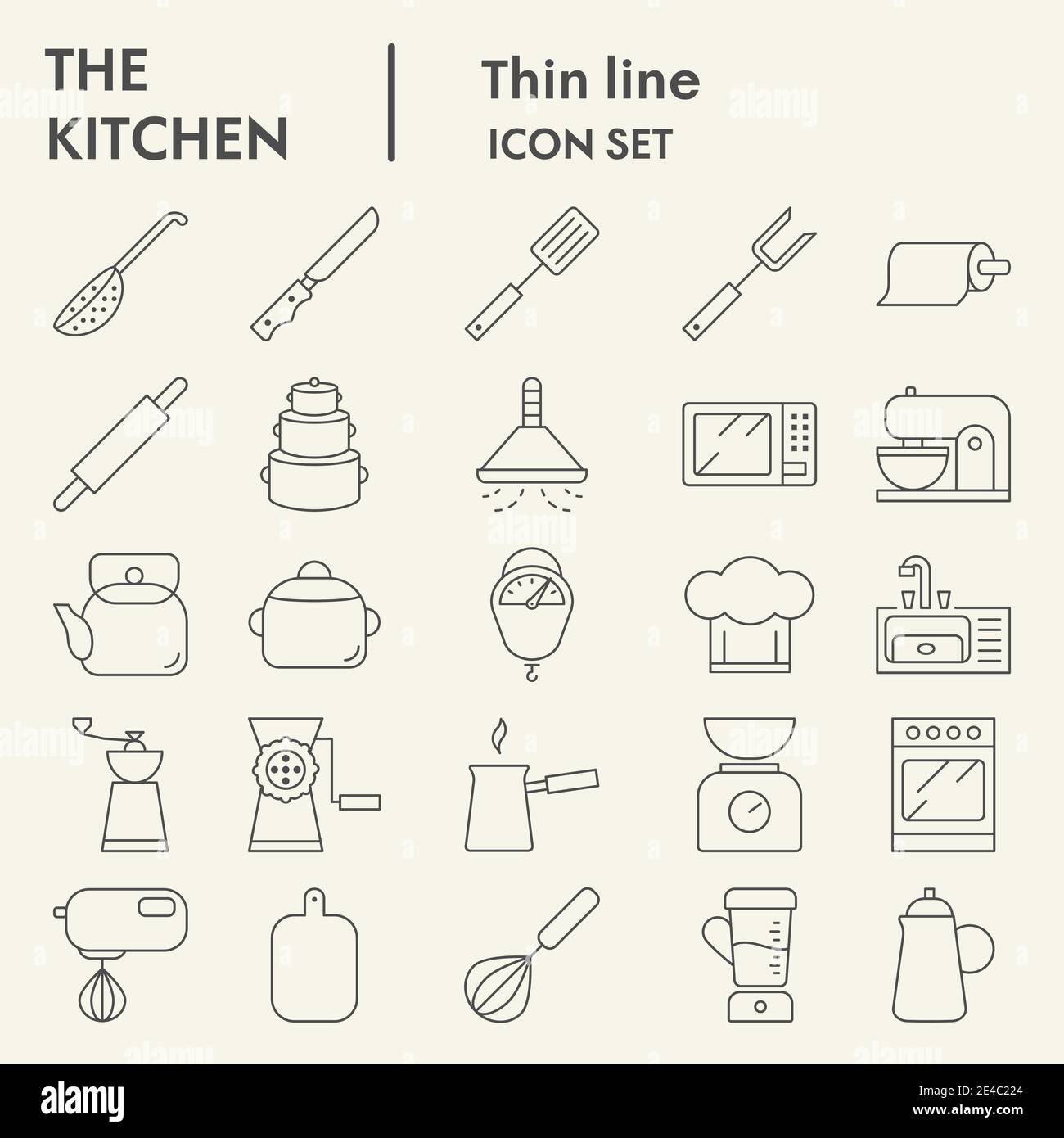 Ensemble d'icônes de cuisine à lignes fines, collection de jeux de ...