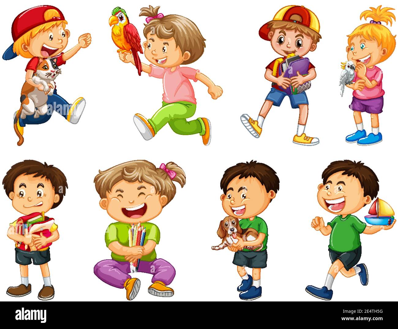 Ensemble De Différents Enfants Jouant Avec Leur Personnage De Dessin