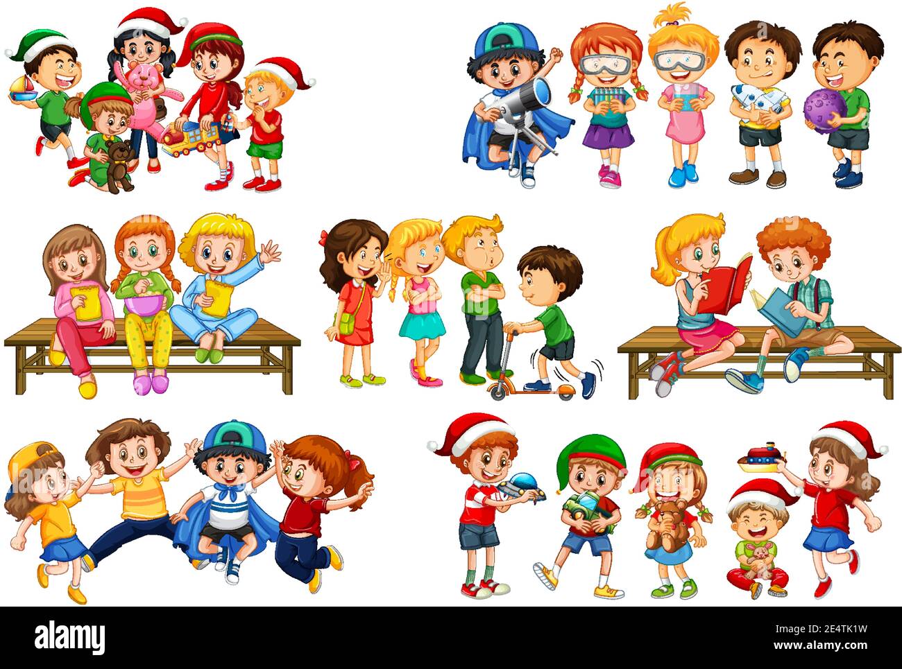 Ensemble De Différents Enfants Jouant Avec Leur Personnage De Dessin