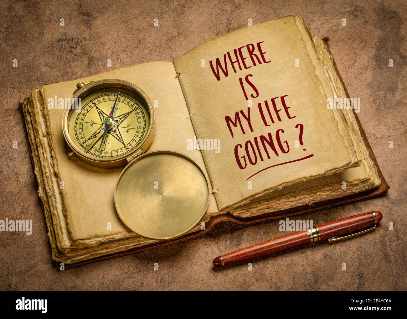 Où va ma vie ? Écriture manuscrite dans un journal antique lié en cuir ...