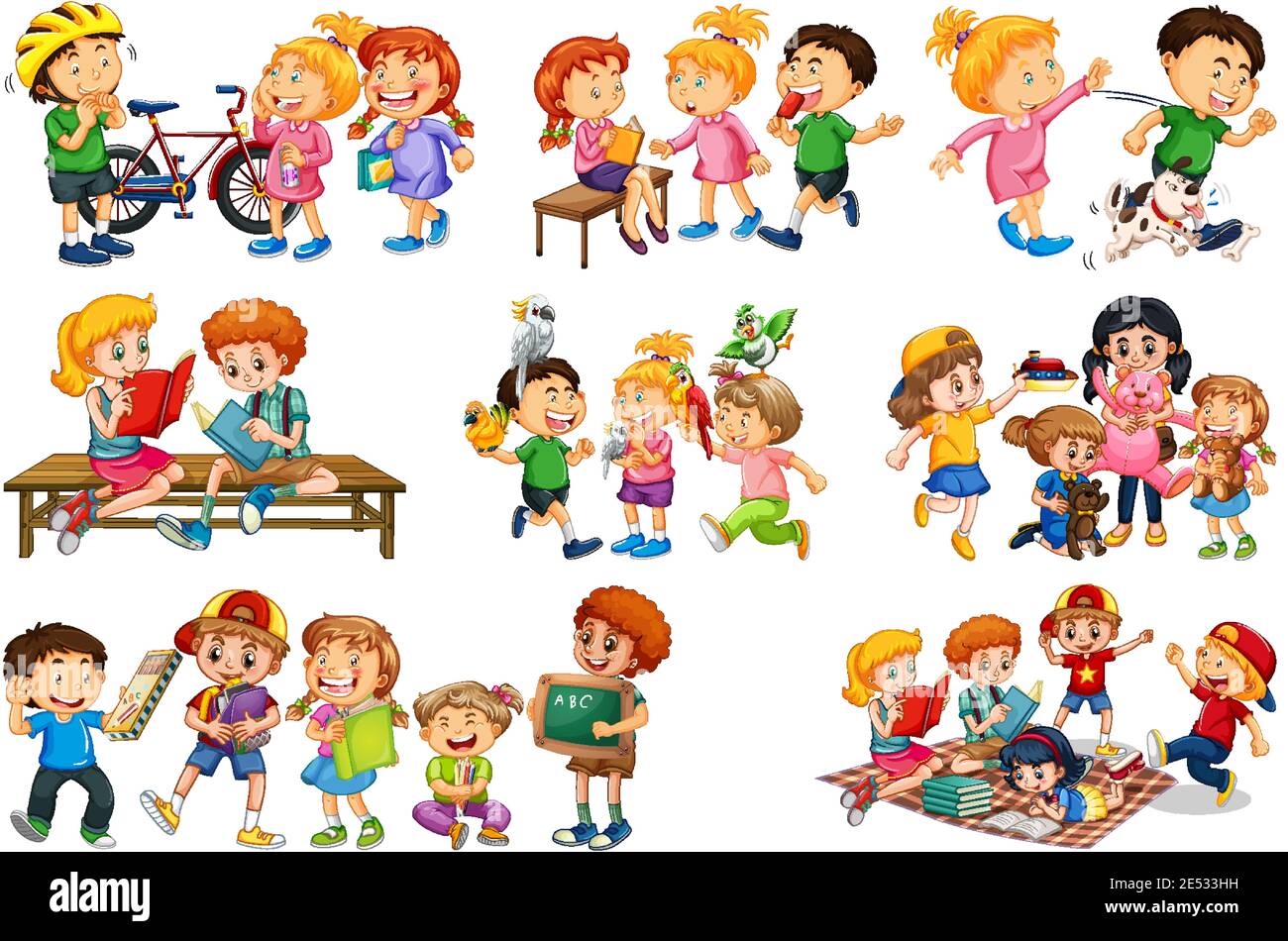 Ensemble De Différents Enfants Jouant Avec Leur Personnage De Dessin