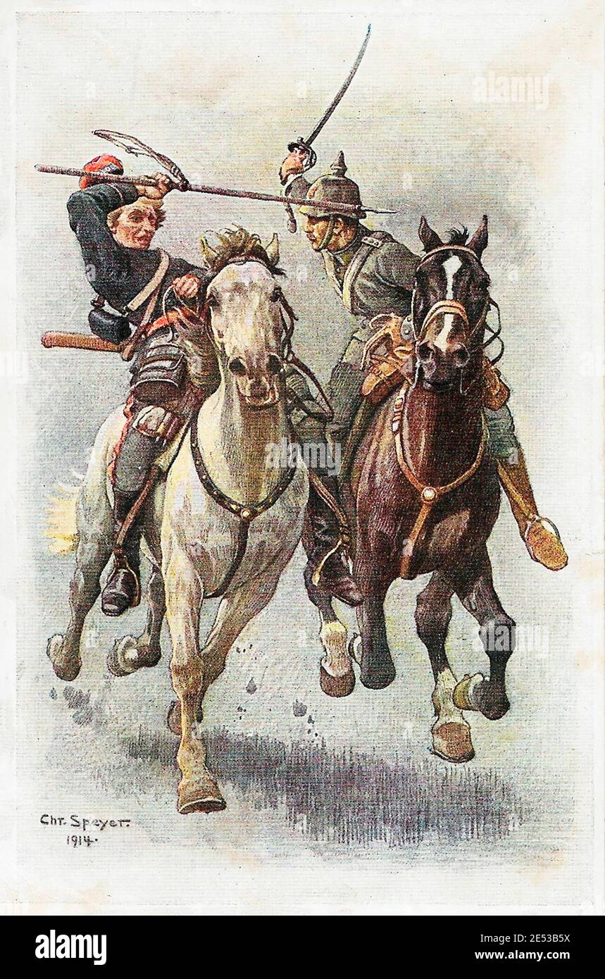 La première Guerre mondiale. Lutte entre un homme de cavalerie allemand ...