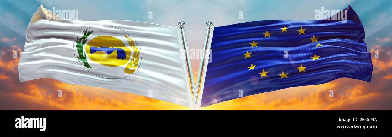 Drapeau de l'Union européenne et drapeau de l'Union du Maghreb arabe ...