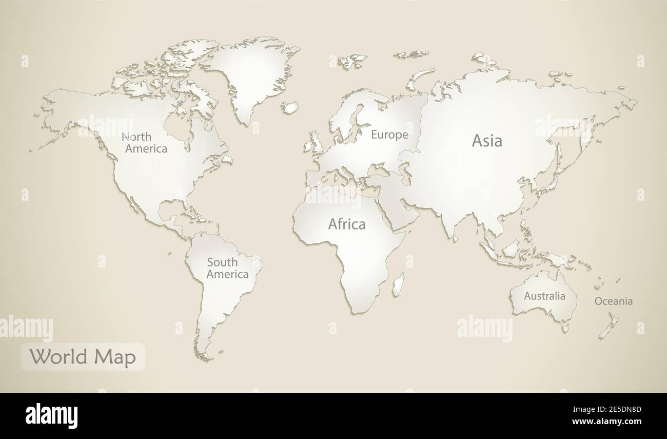 Carte des continents du monde, division administrative avec noms, vieux ...