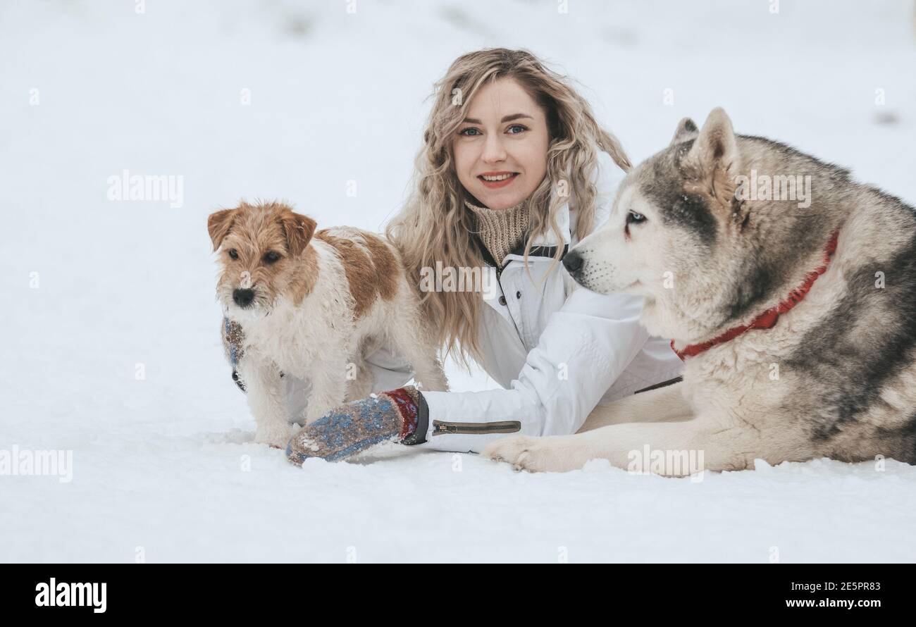 La jeune fille se promette sur un traîneau avec des huskies sibériennes ...