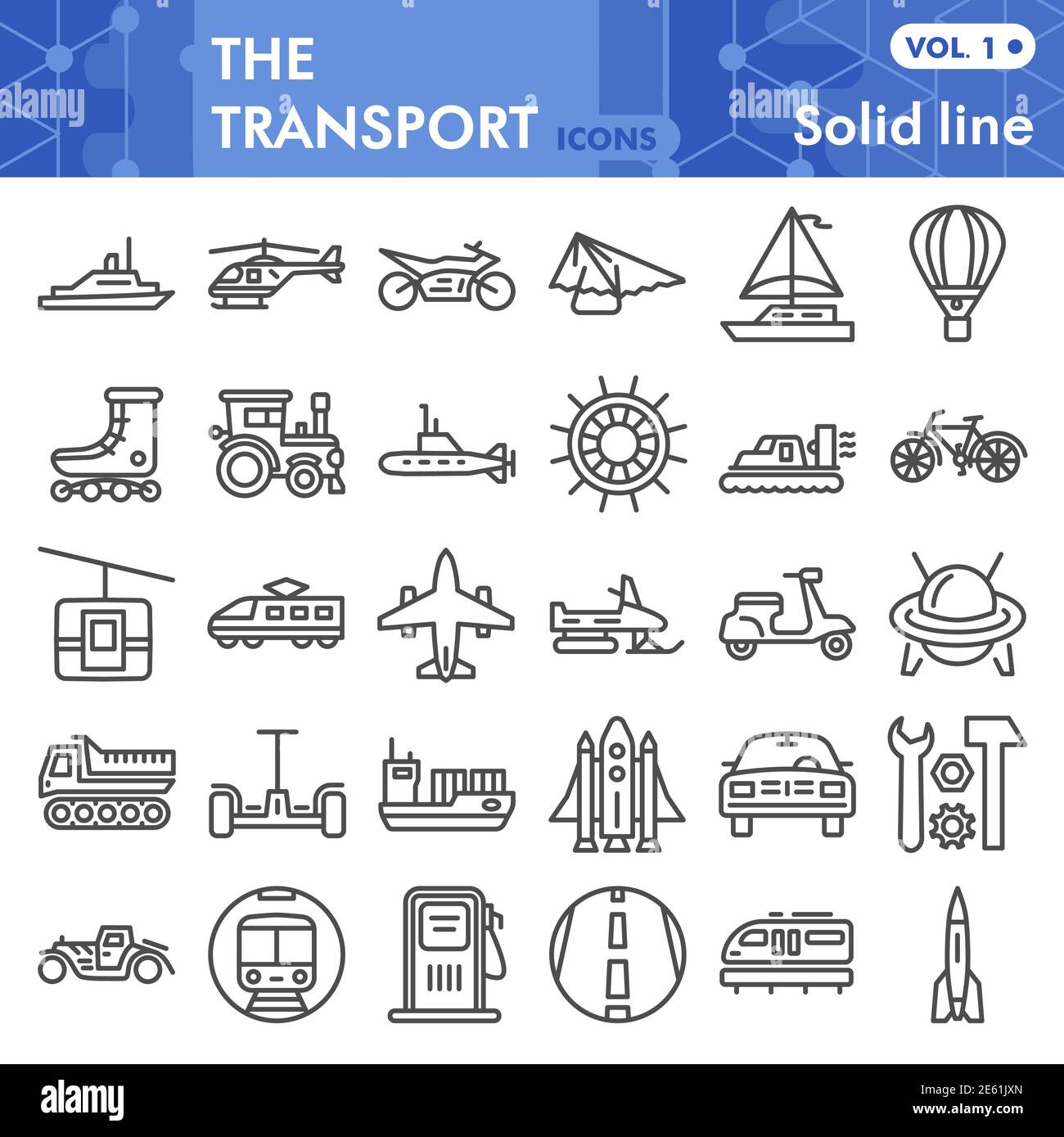 Jeu d'icônes de ligne de transport, collection de jeux de symboles de ...