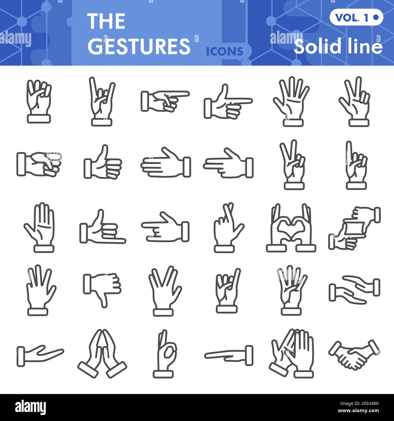 Jeu d'icônes de ligne de gestes, collection de symboles de main humaine ...