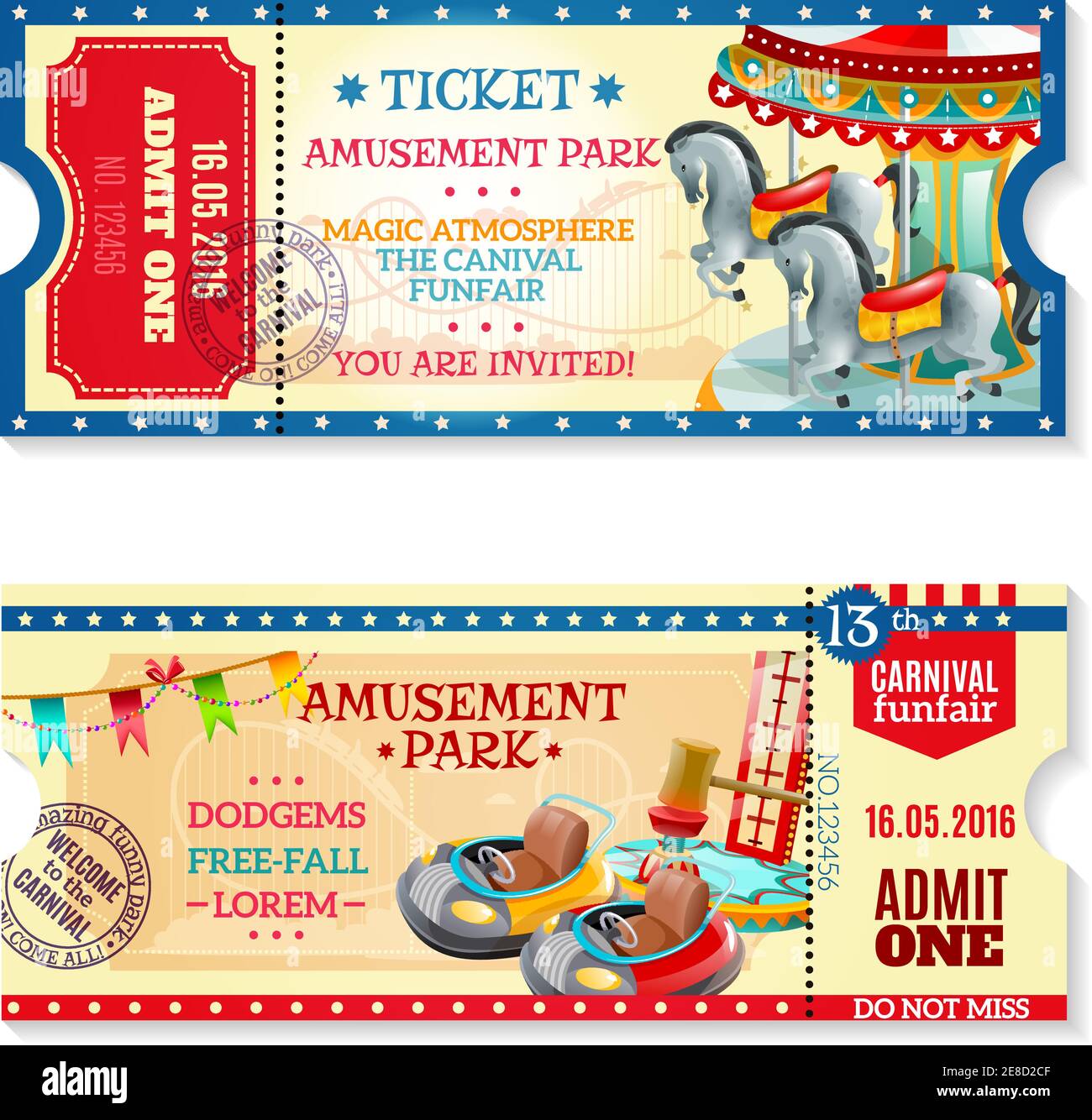 Deux billets d'invitation pour le carnaval dans le parc d'attractions ...