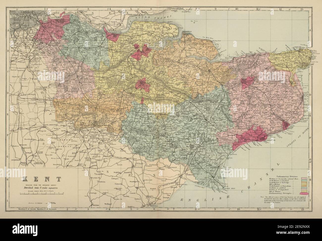 KENT antique carte du comté par GW BACON 1885 vieux millésime plan ...