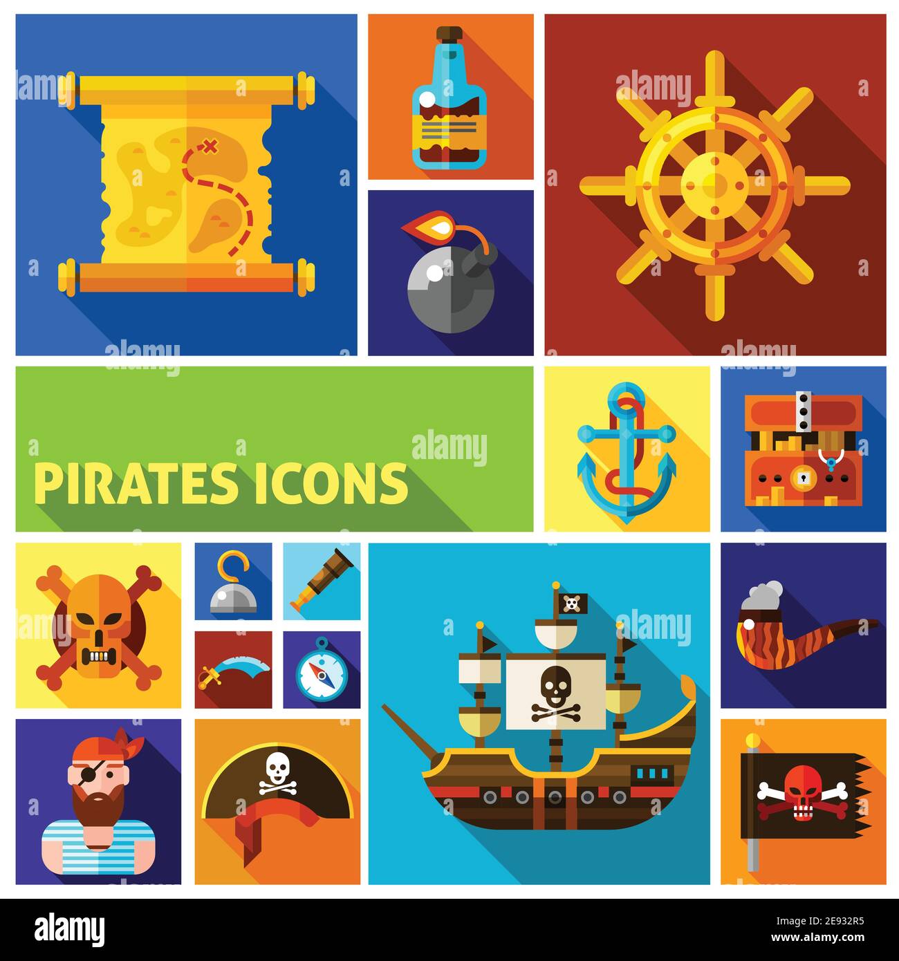 Pirates plate icônes de dessin animé dans des carrés colorés avec ...