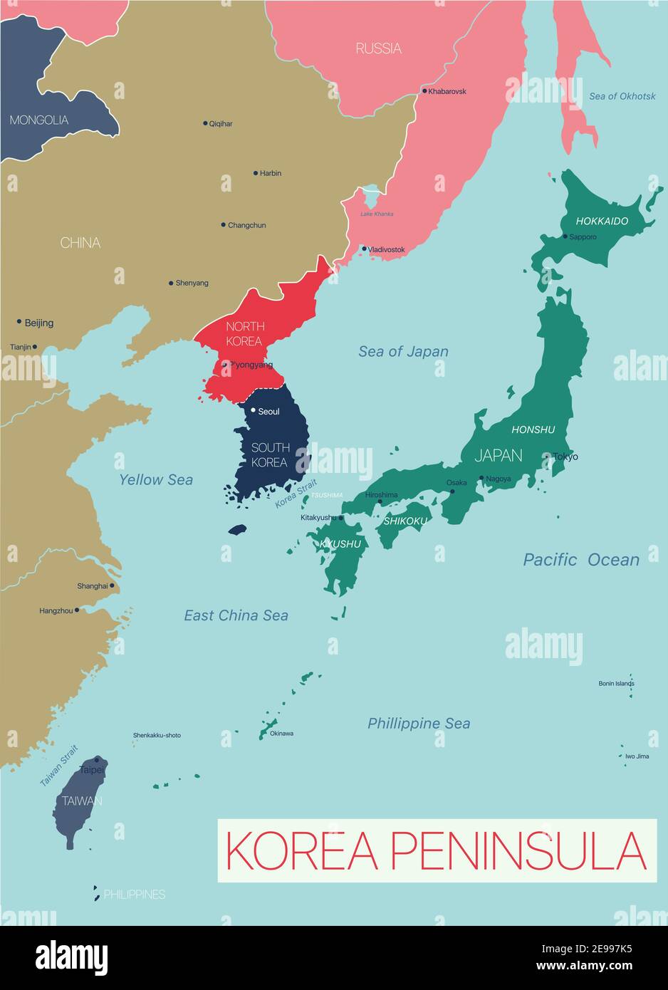 Péninsule de Corée carte détaillée modifiable avec les capitales et les ...