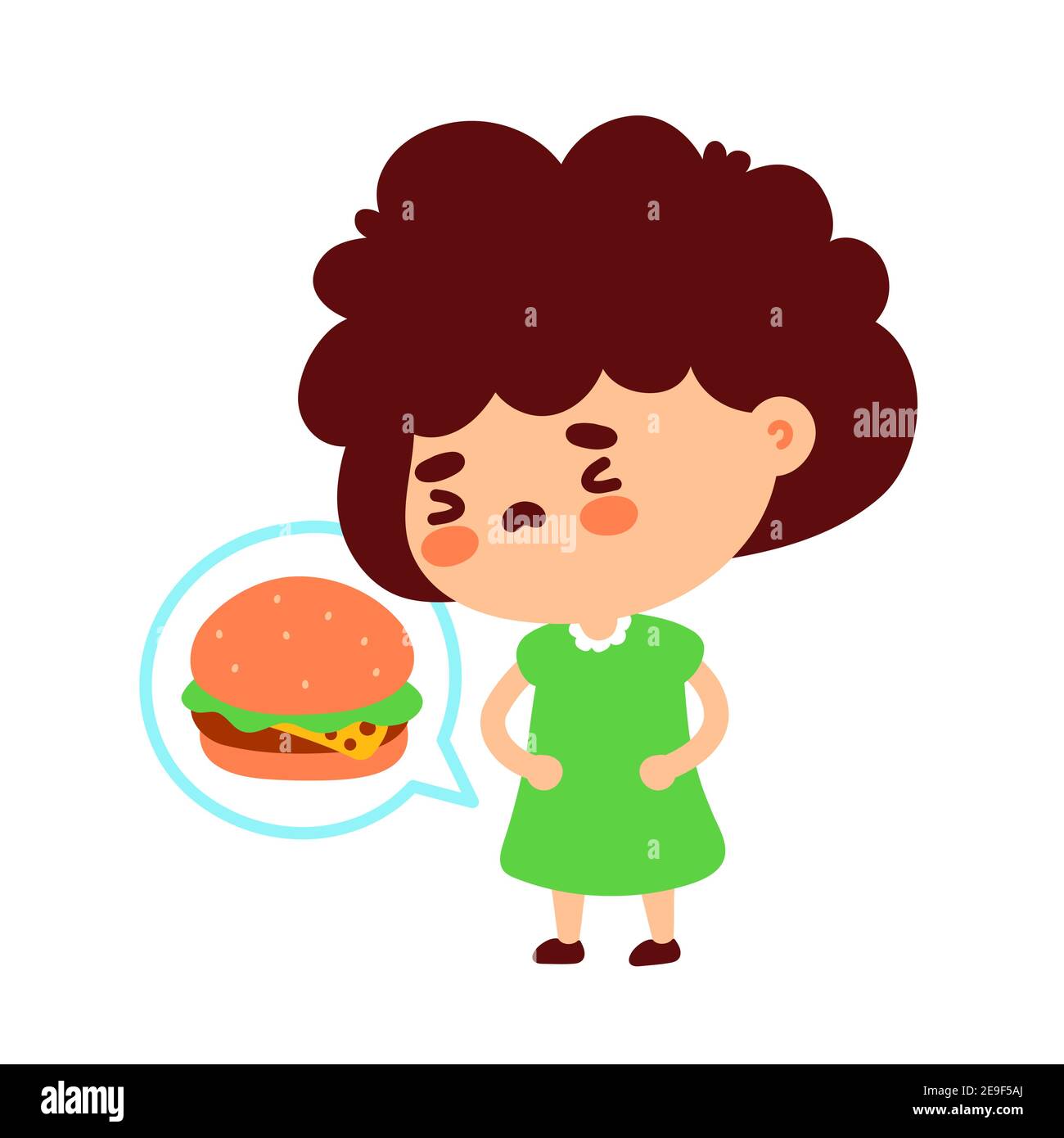 Mignonne petite fille affamée pense au hamburger. Isolé sur fond blanc ...