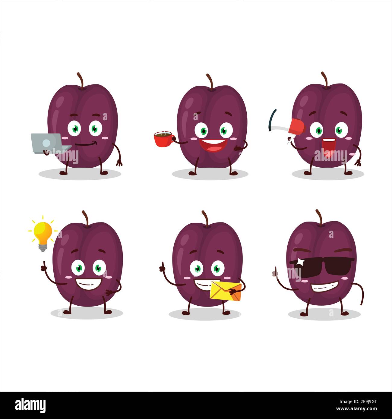 Personnage de dessin animé prune avec différents types d'émoticônes d ...