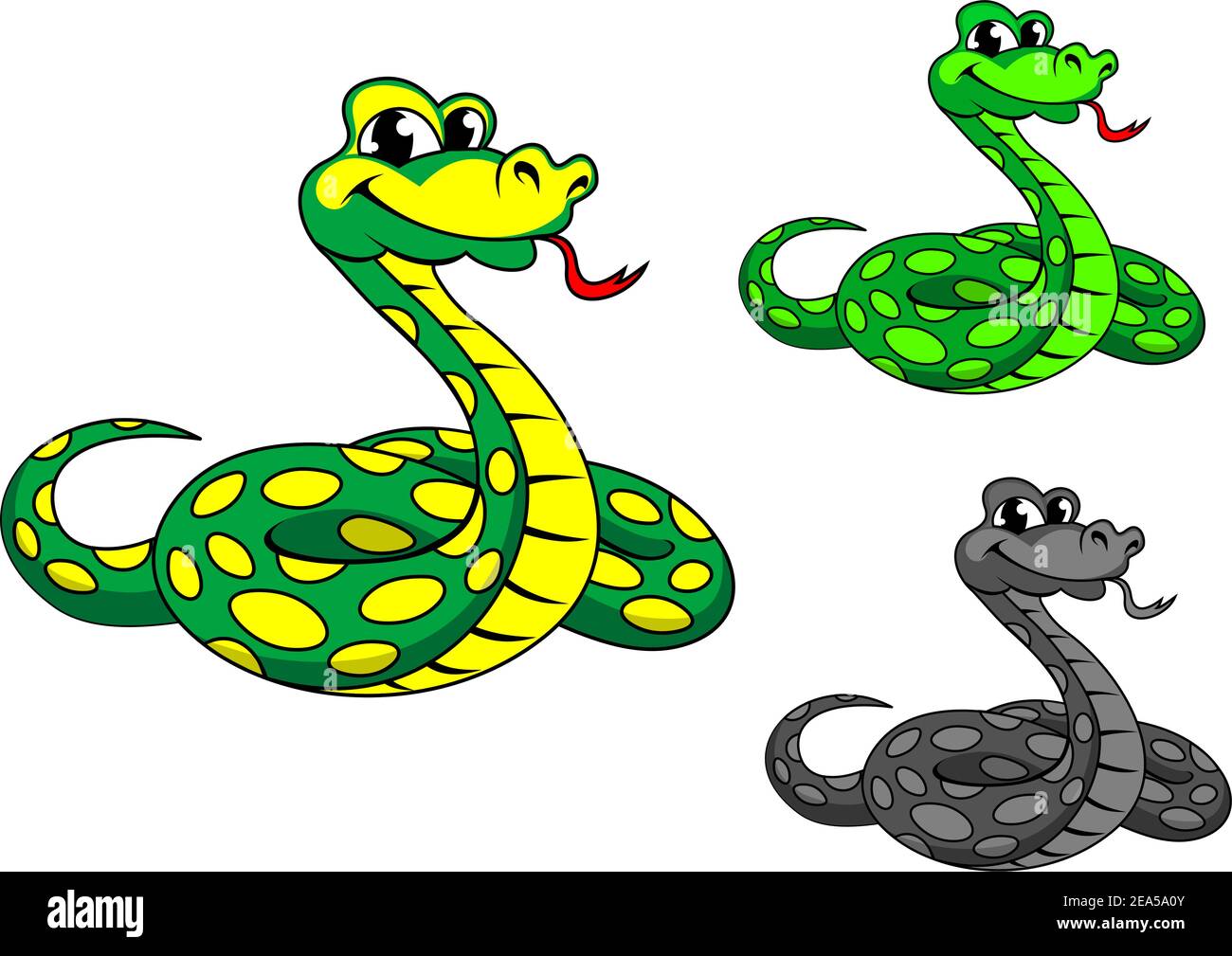 Drôle de serpent python de dessin animé en trois variations isolées sur ...
