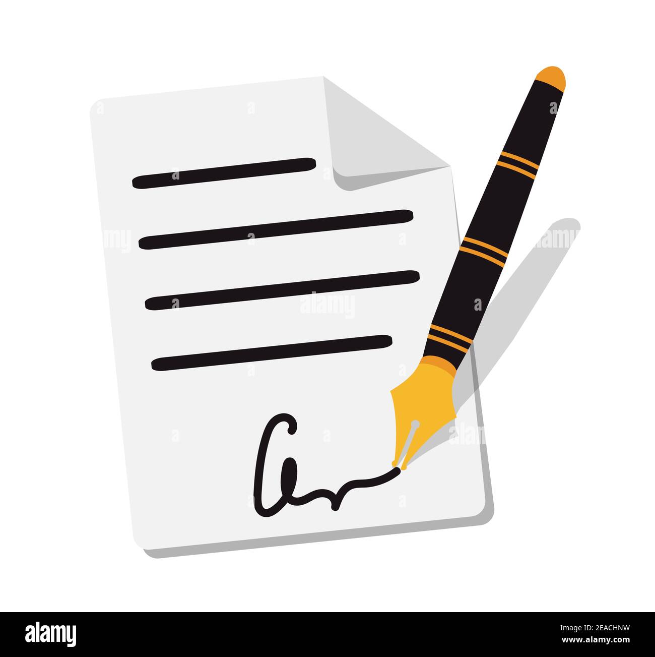Un stylo plume signe le document. Une feuille de papier avec un cahier ...
