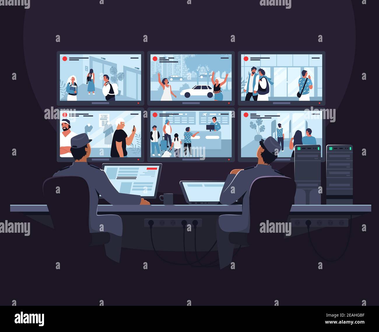 Des personnages de garde surveillent les vidéos de vidéosurveillance ...