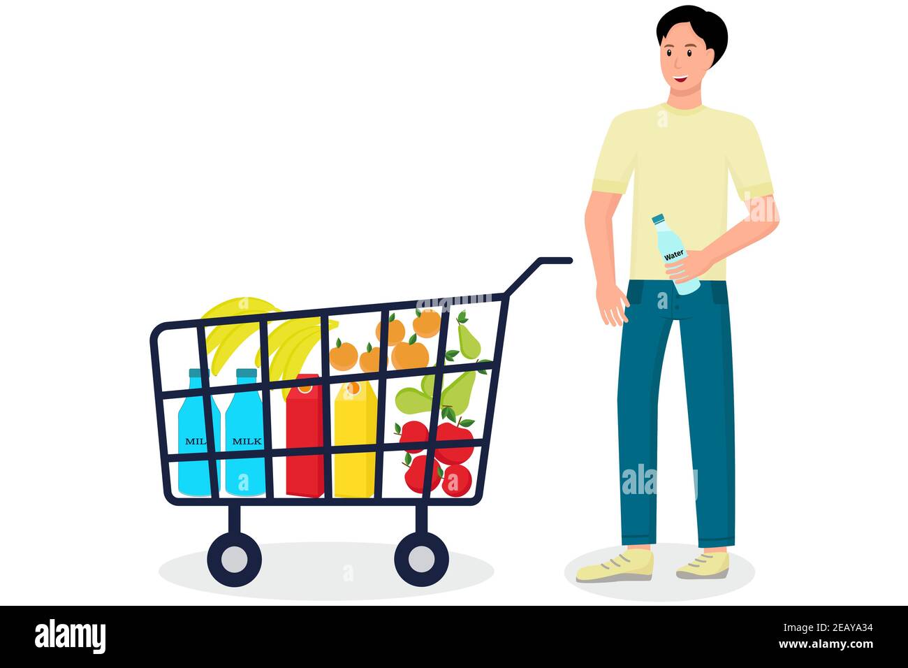 Un homme avec des provisions dans le chariot. Un homme tient une ...