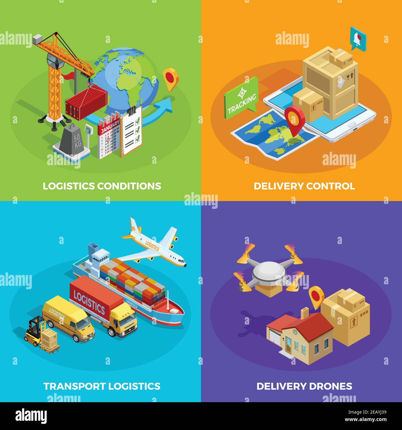 Concept isométrique logistique avec différentes étapes et moyens de ...