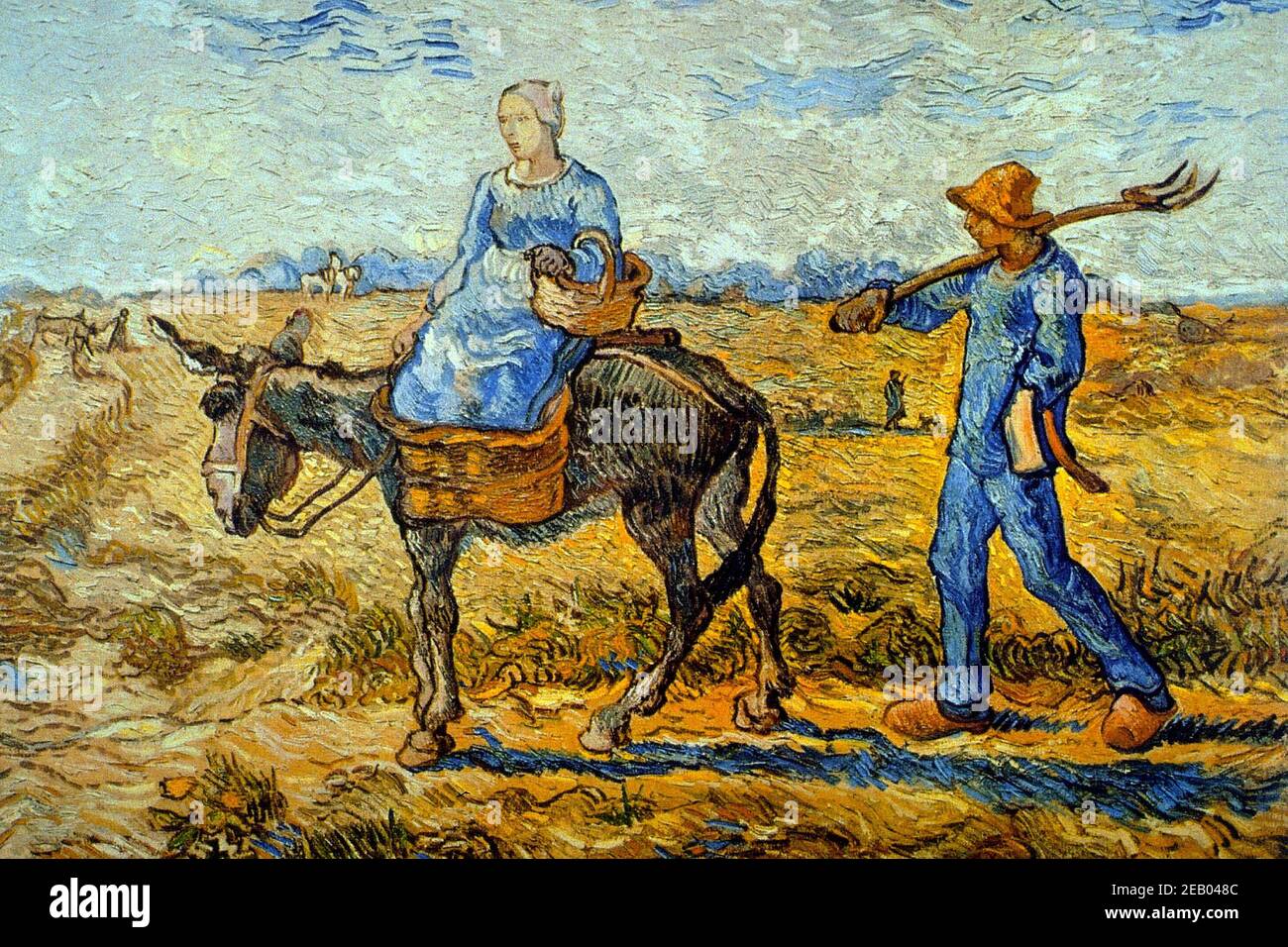 Matin avec un fermier et une fourche; sa femme à monter un âne et ...