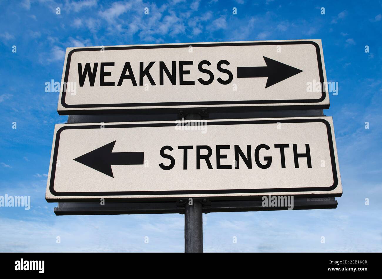 Signalisation routière avec les mots faiblesse et force. Deux panneaux ...