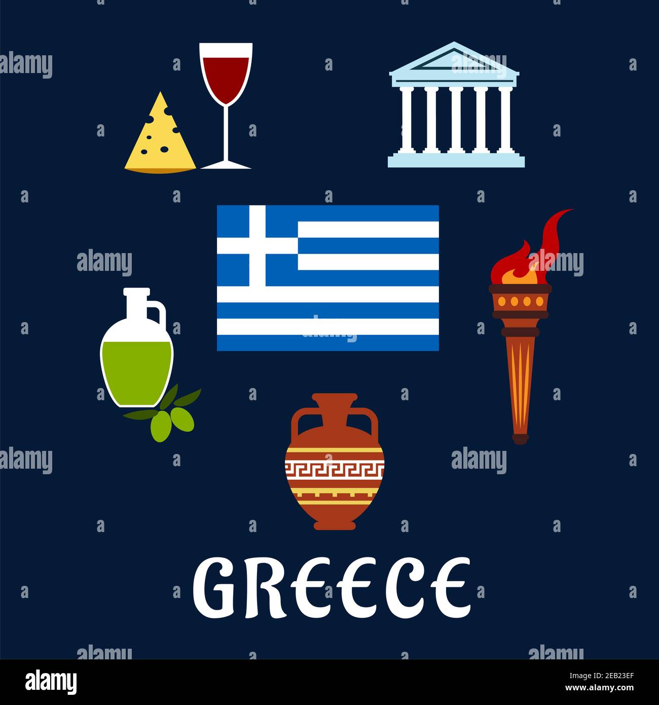 Grèce symboles traditionnels concept plat représentant le drapeau ...