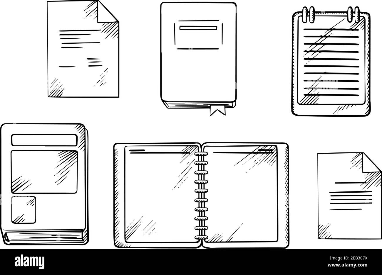 Livre, carnet à spirale ouvert et bloc-notes, documents papier et ...