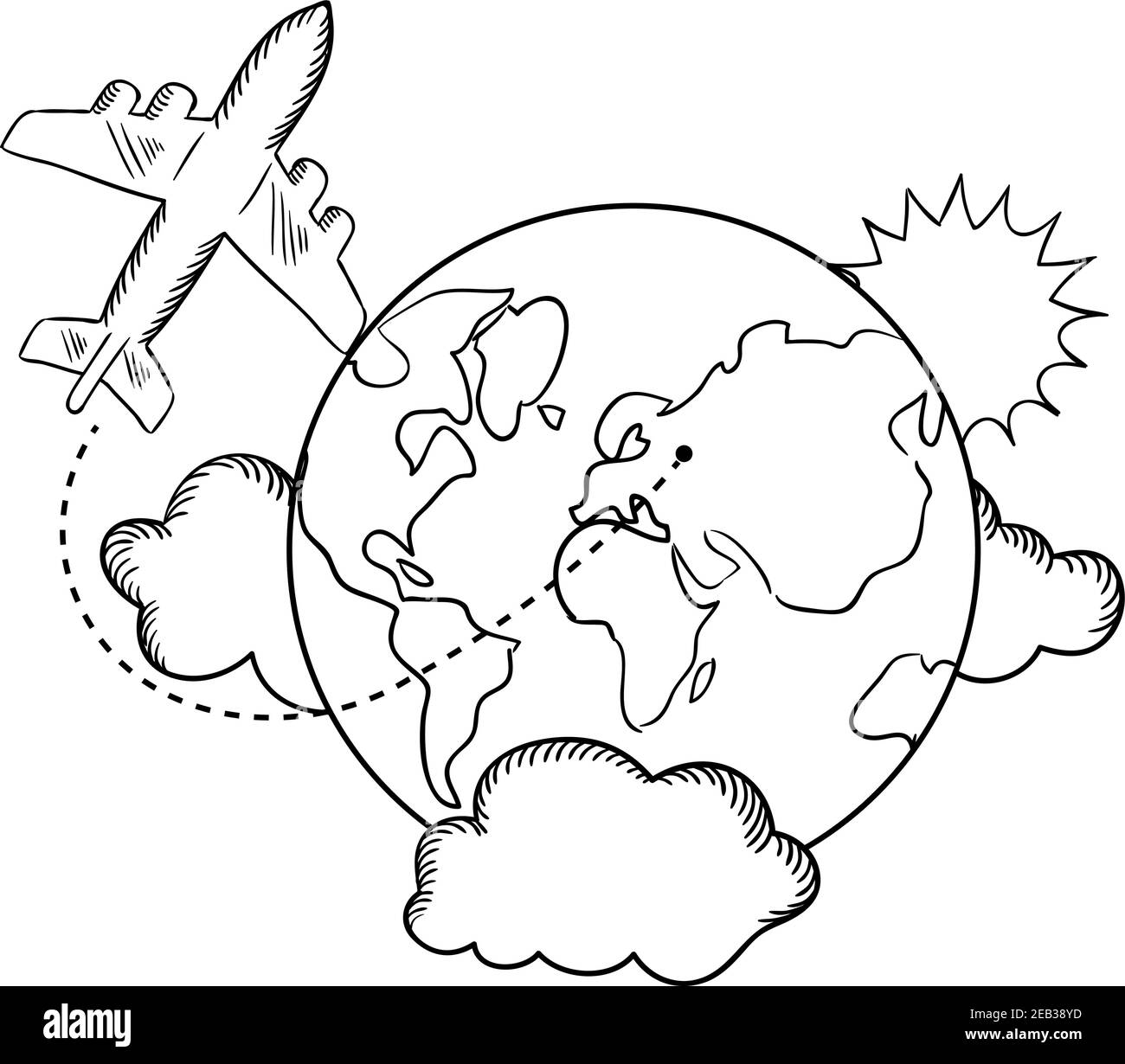Voyage aérien avec avion volant et globe terrestre avec nuages et ...